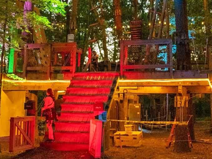 Red-hot challenges await on these glowing platforms where bravery meets beauty forty feet above the forest floor.