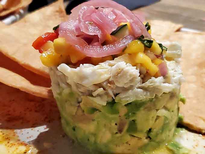 This colorful crab stack with pickled onions and fresh mango looks almost too pretty to devour. Almost.