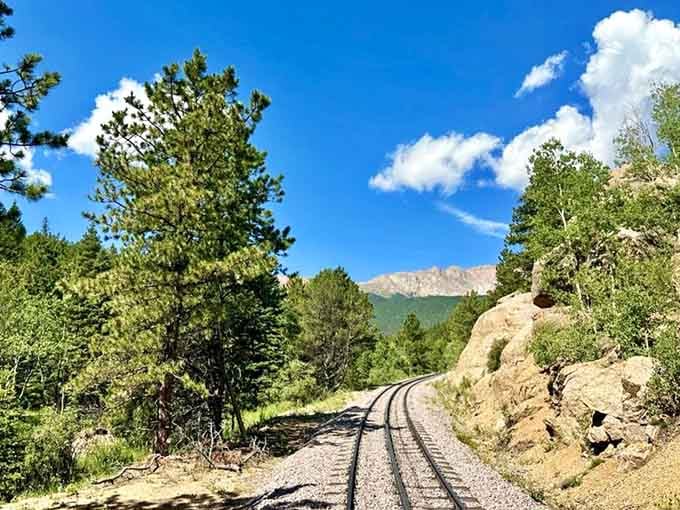 The tracks curve through pine forests with Pikes Peak looming ahead, teasing you with what's to come on this journey.