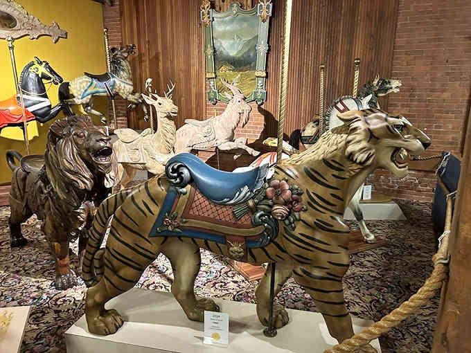 A tiger with a saddle proves that carousel makers had wonderfully questionable ideas about rideable animals back then.