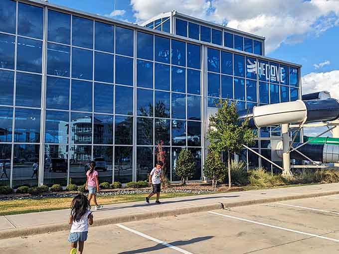 That glass facade gleaming in the sunshine is your beacon of year-round water fun, weather be darned.