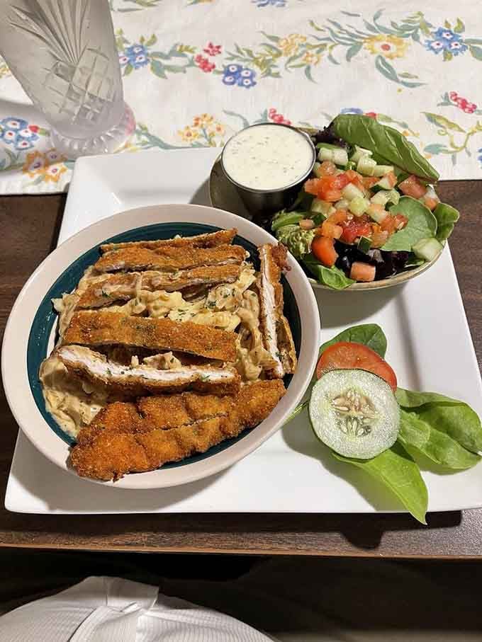 Breaded cutlets nestled in sp&auml;tzle with fresh veggies show that comfort food can look this good and taste even better.