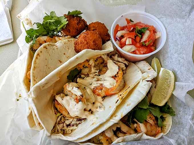 Fish tacos with a side of hush puppies, because sometimes fusion means "let's put all the good stuff together."