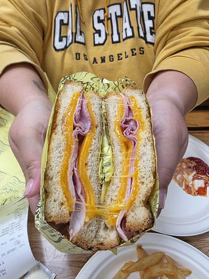 The ham and cheese melt arrives golden and generous, showing The Hat doesn't skimp on anything.