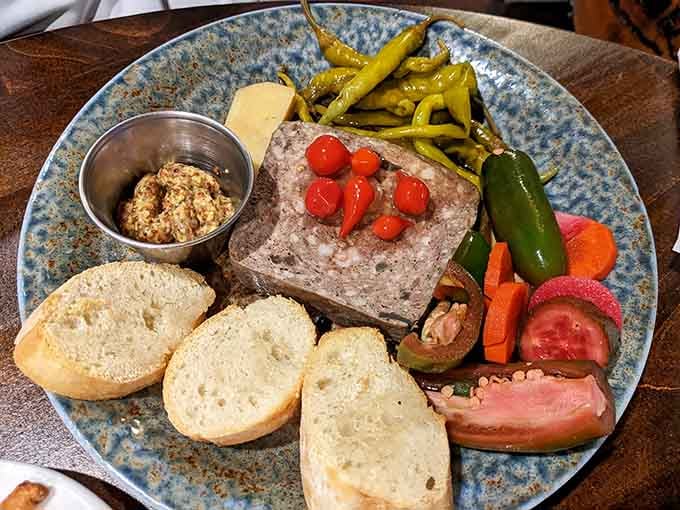 Pate served with pickles and mustard proves fancy doesn't have to mean fussy up here.
