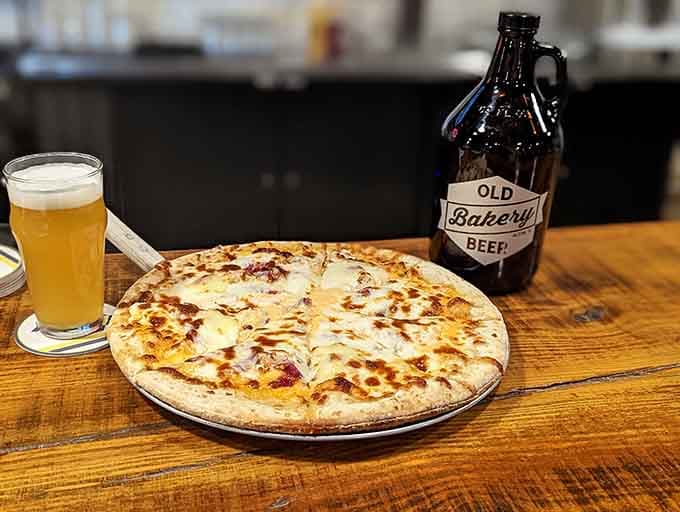 Pizza and beer together at last, proving that some relationships are simply meant to be, no matter what anyone else says.