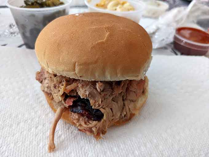 Pulled pork piled high on a bun, proving that sometimes simplicity is the most delicious strategy of all.