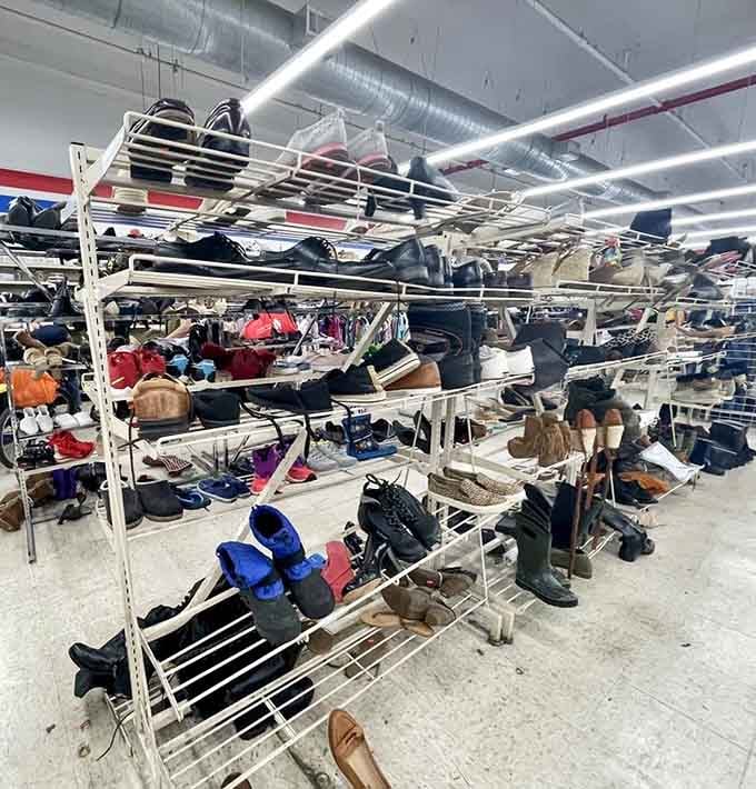 Shoe racks tower with possibilities, proving that Cinderella stories happen every day at thrift store prices.