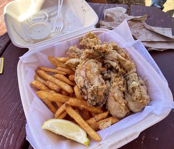 Fried oysters so perfectly golden they practically glow, served with fries that know their supporting role.
