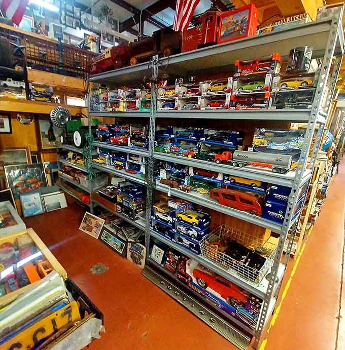 Die-cast dreams lined up like a miniature traffic jam of nostalgia and childhood memories come to life.