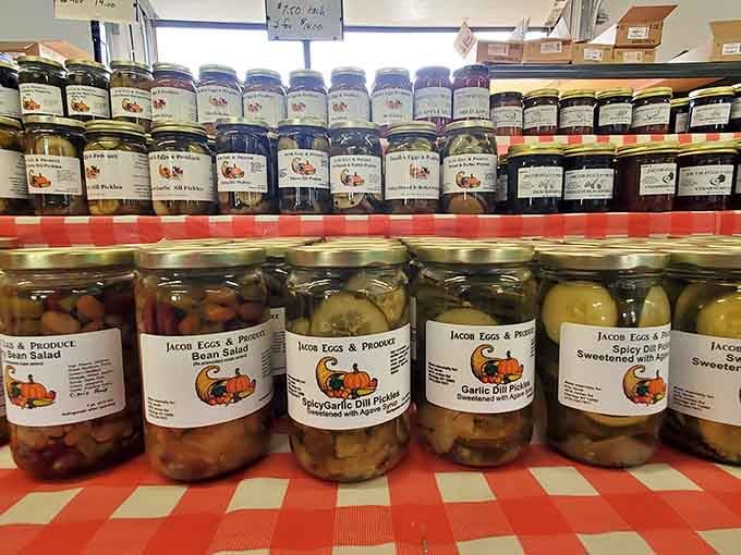 Rows of pickled everything prove that grandma's canning wisdom is alive, well, and absolutely thriving in upstate New York.