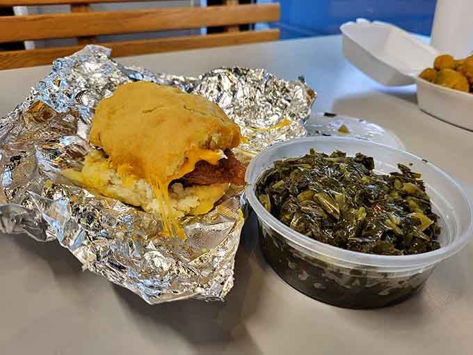 A chicken and cheese biscuit with collards proves breakfast doesn't play by anyone's rules here, thank goodness.