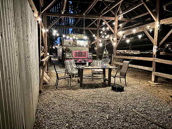 An outdoor hangout space under the stars, because apparently treehouses now come with their own entertainment districts.