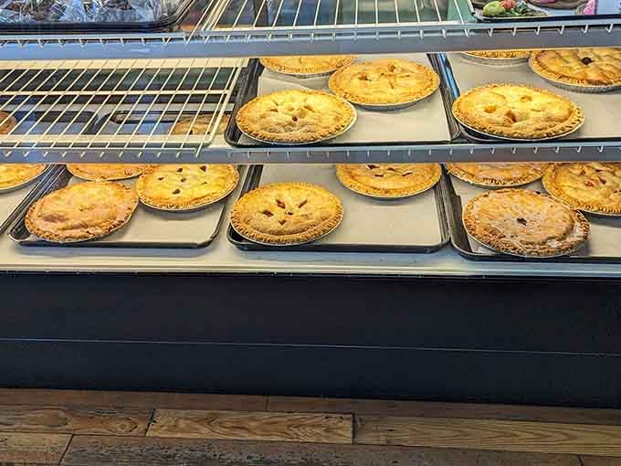 Fresh pies cooling on the rack, their lattice tops promising the kind of fruit filling that dreams are made of.