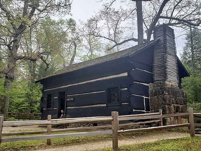 This historic log cabin showcases pioneer craftsmanship with hand-hewn timbers and a stone chimney built to last.