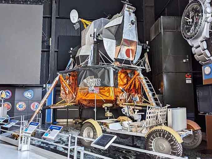 The lunar module display shows the delicate spacecraft that actually landed on the moon, looking surprisingly fragile for such a bold mission.