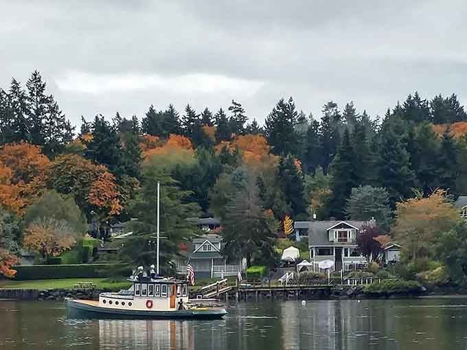 Classic tugboats cruise past autumn foliage, creating scenes that belong in a maritime museum or your camera roll.