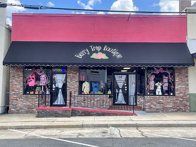 Berry Trap Boutique's pink and black storefront adds unexpected style to downtown's shopping scene with Southern flair.