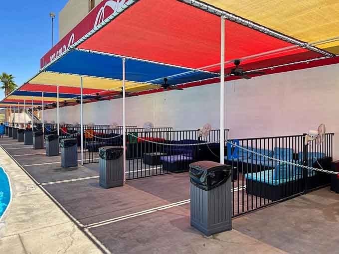 Bright canopies providing shade like a circus tent, minus the clowns but with all the family fun.