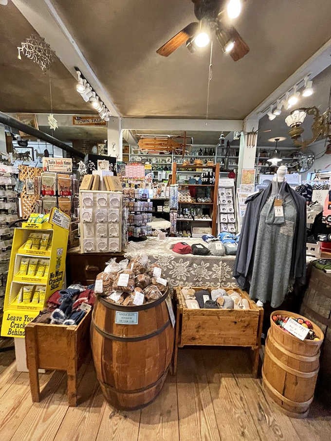 Wooden barrels and rustic displays create an atmosphere that modern stores just can't replicate with concrete floors.