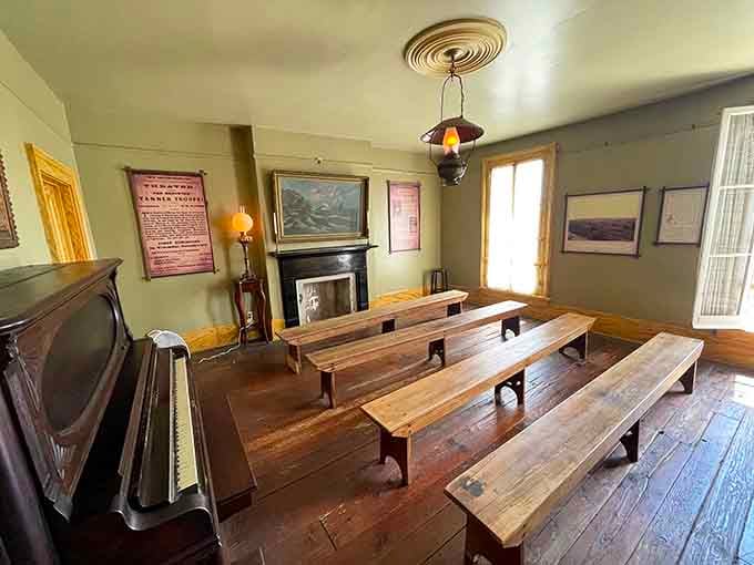 Simple wooden benches that once seated frontier audiences now host visitors hoping to witness their own supernatural performance.
