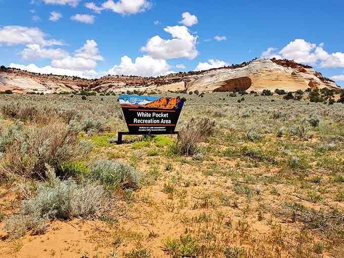 The White Pocket Recreation Area sign: your last chance to reconsider before committing to the adventure ahead.