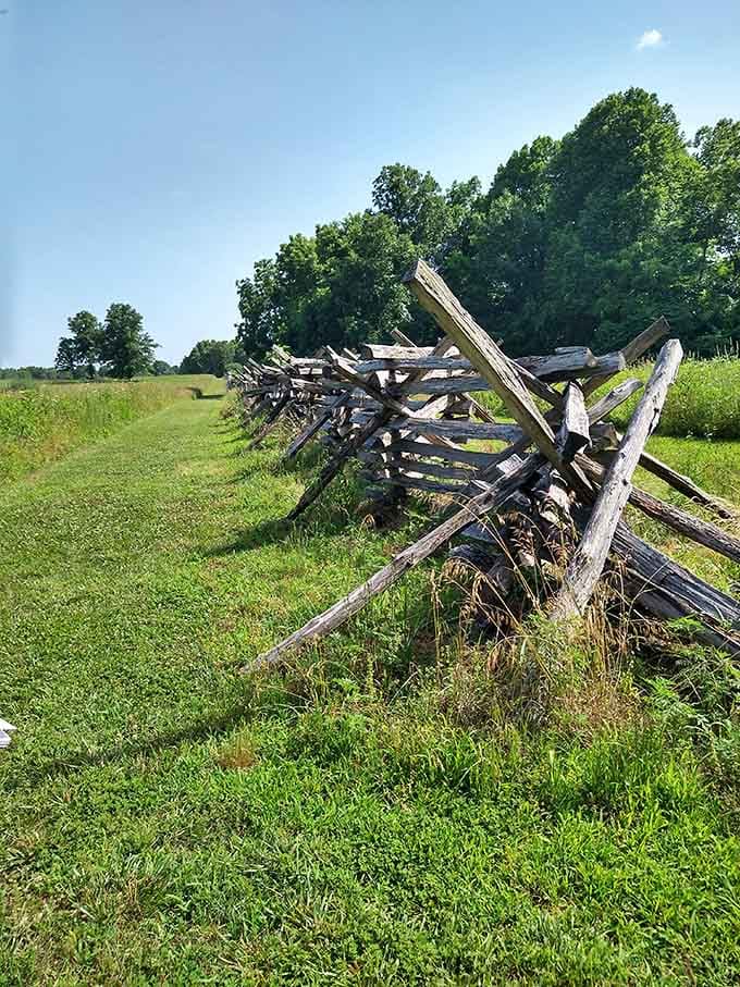 Split-rail fences march across the landscape exactly as they did when soldiers sought cover here.