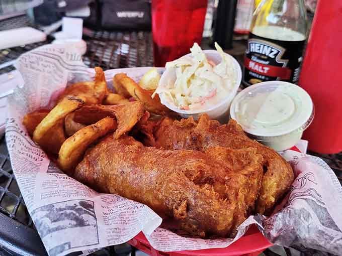 Beer-battered fish and golden fries served basket-style, because sometimes the classics don't need any improvement whatsoever.