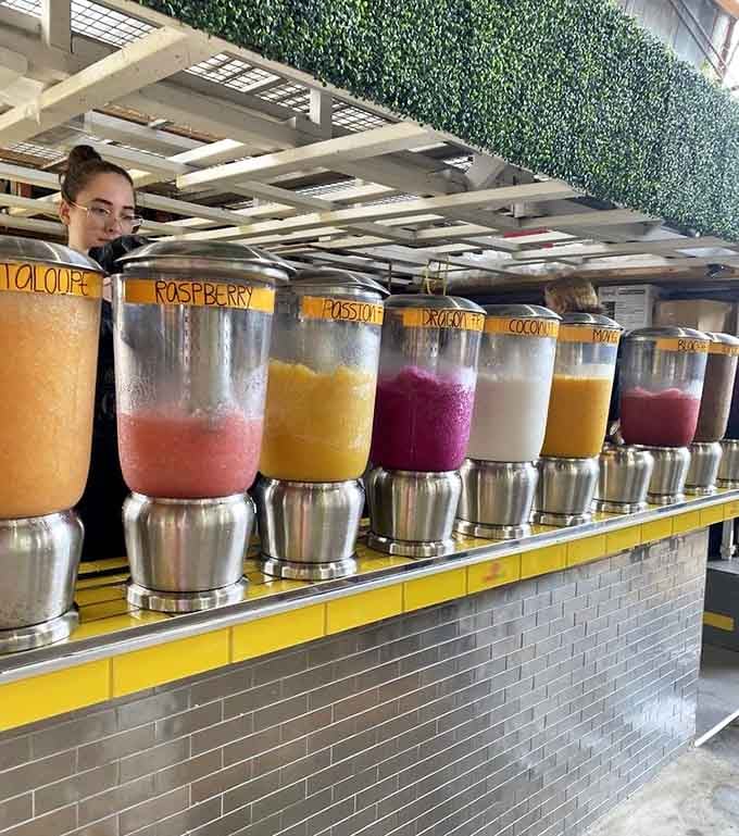 Fresh juice blenders working overtime to turn tropical fruits into liquid sunshine you can actually drink.