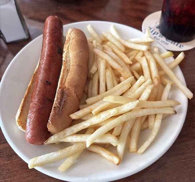 Sometimes simplicity wins: a perfectly grilled hot dog with a mountain of crispy fries beside it.