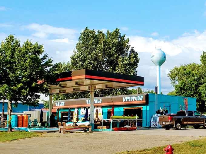 A converted turquoise gas station packed with kayaks and paddleboards is living proof that second acts can be far more exciting than the first.