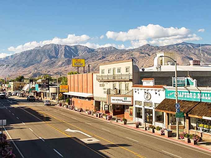 Bishop's main street stretches toward the Sierra Nevada, where those dramatic peaks make every building look humble and grateful.