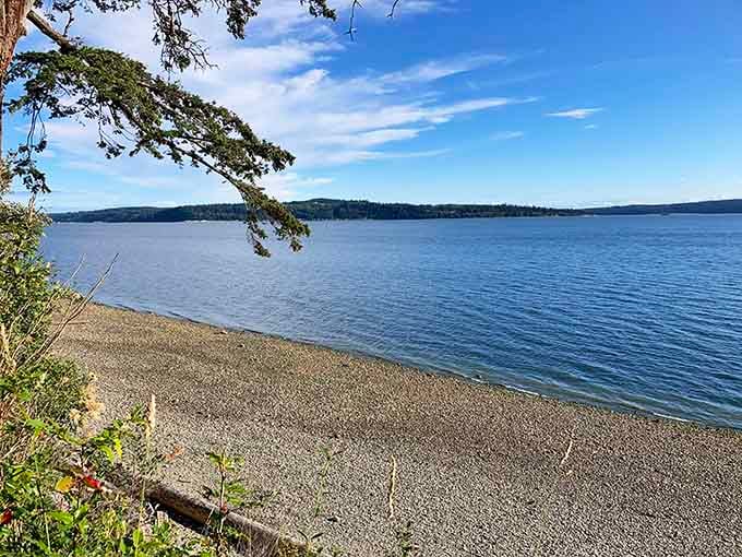 A weathered picnic table overlooks calm waters where mountains rise in the distance like old friends.
