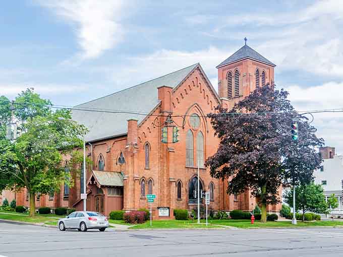 Gothic arches and a distinctive tower make this historic church a stunning landmark visible from blocks away in town.