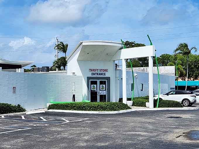 That futuristic white entrance with green accents looks like something from The Jetsons&mdash;retro-modern thrifting at its finest.