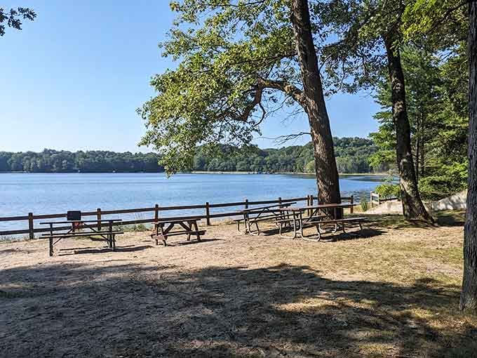 Shaded picnic tables overlook calm waters where the only agenda is relaxation and maybe a good sandwich.