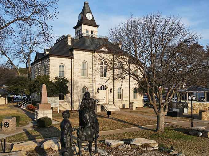 The courthouse clock tower rises majestically, reminding everyone that some things are worth preserving with care.