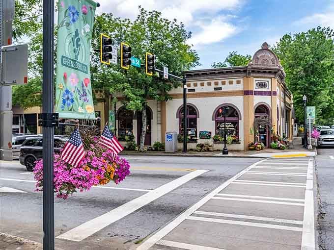 Hanging flower baskets add bursts of pink and purple joy to streets already brimming with Southern charm and grace.