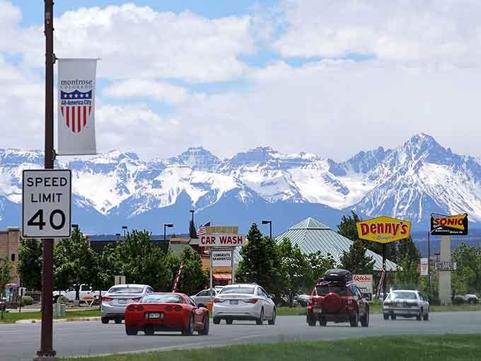 Snow-capped peaks tower behind everyday life, making grocery runs feel like scenes from a Western movie.