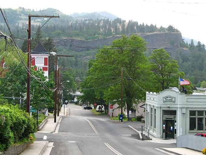 The gorge rises behind town like a protective wall, keeping the modern world at a comfortable distance.