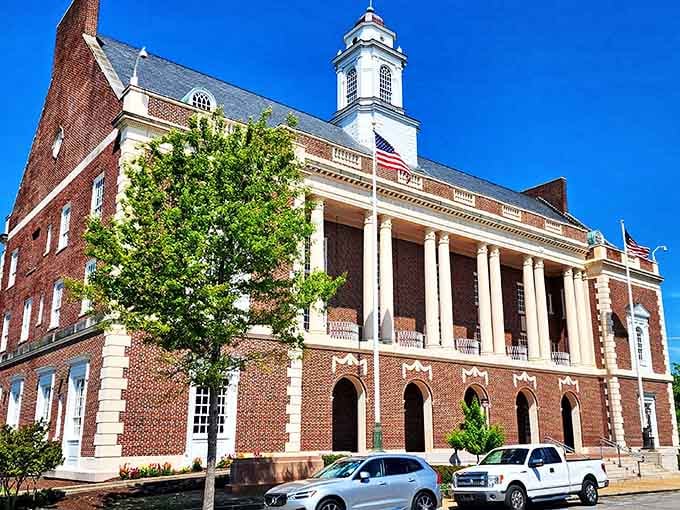 Grand columns and red brick speak of civic pride that's lasted longer than most marriages these days.