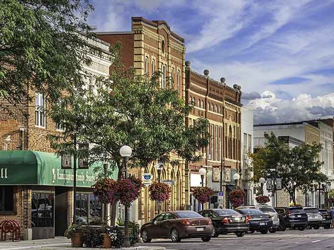 The beautiful historic buildings in downtown New Ulm show off their classic architecture and charm along the tree-lined main street today.