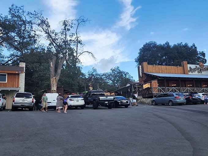 Evening light catches the rustic storefronts where locals gather after a day exploring mountain trails and fresh air.