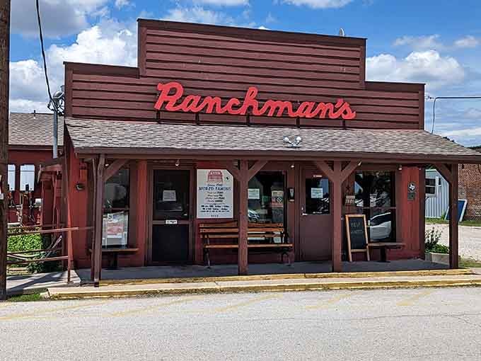 The rustic wooden storefront looks like it rode straight out of an old Western, promising authentic ranch-style cooking inside.