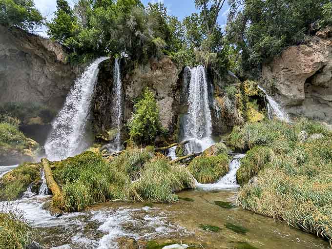 Three waterfalls for the price of one, each stream dancing over moss-covered limestone like synchronized swimmers.