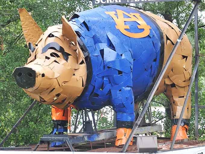 Schnitzer stands tall in Auburn blue and orange, a magnificent metal mascot crafted from recycled scraps into porcine perfection.