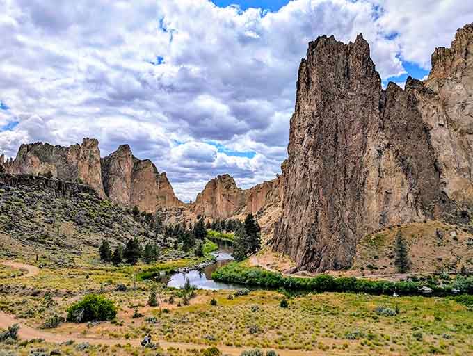 These towering rock formations rise from the high desert like ancient sentinels guarding the winding Crooked River below.