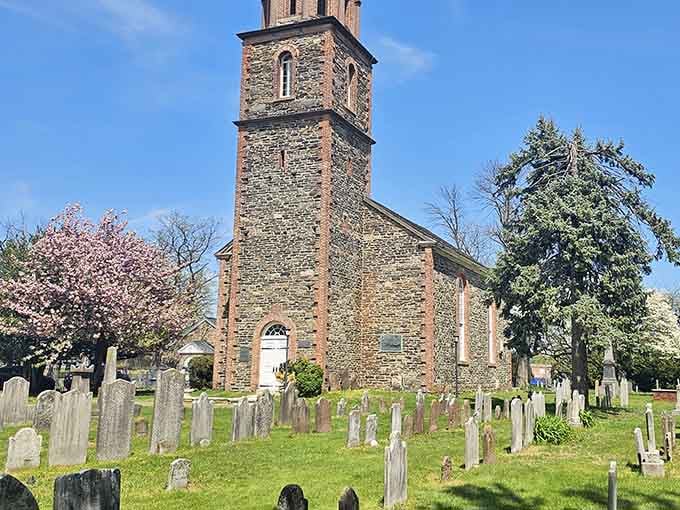 That fieldstone tower rises like a colonial-era lighthouse, guiding us back through centuries of community faith and perseverance.