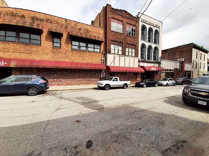 Those bold red awnings stretching across Alton's downtown block give the whole street a warm, roll-up-your-sleeves kind of character.