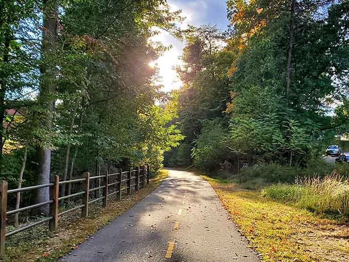 Paved pathway meanders through meadows and woodlands offering accessible exploration of diverse natural habitats.